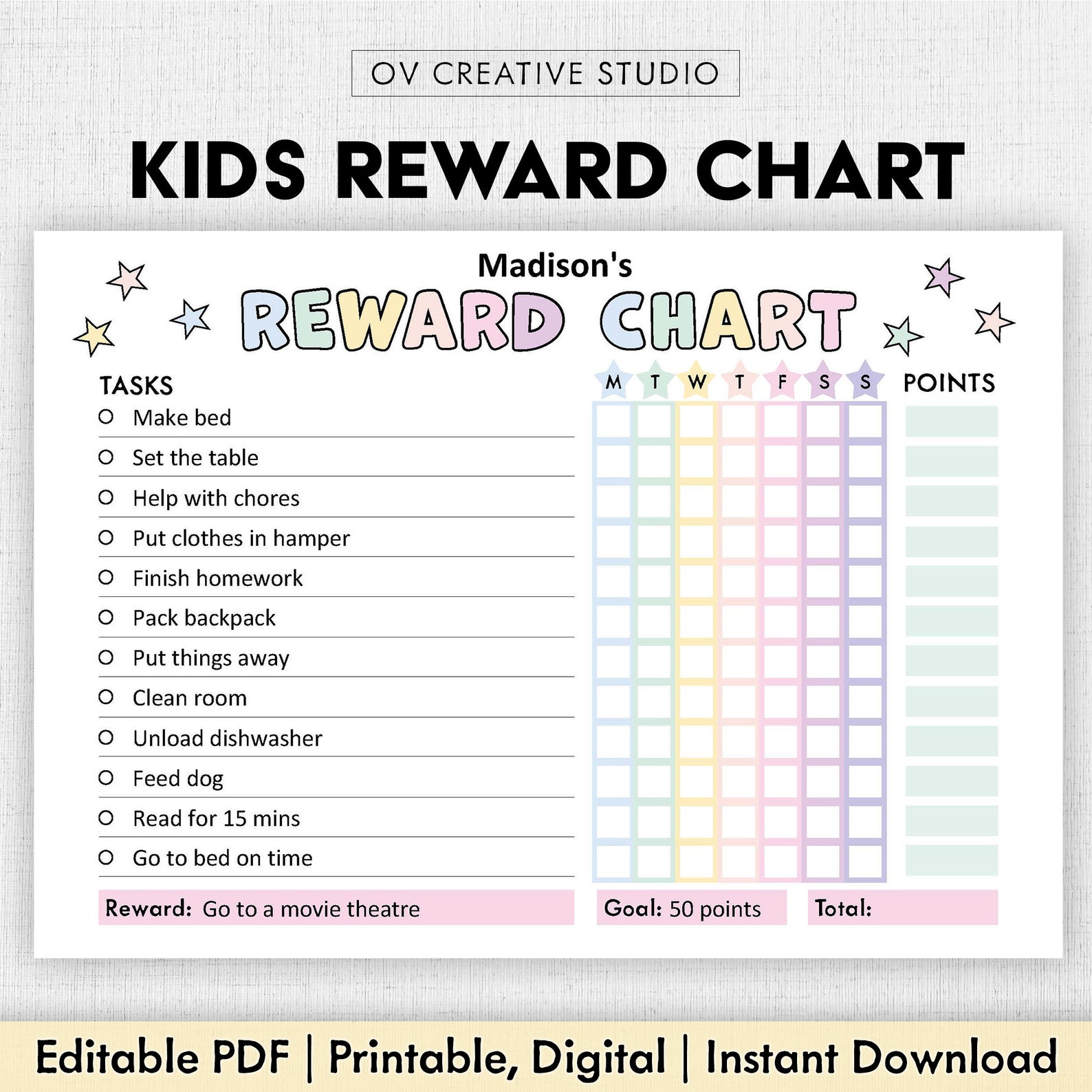 Reward Chart for Kids Printable, Editable, Digital PDF Weekly Chore ...