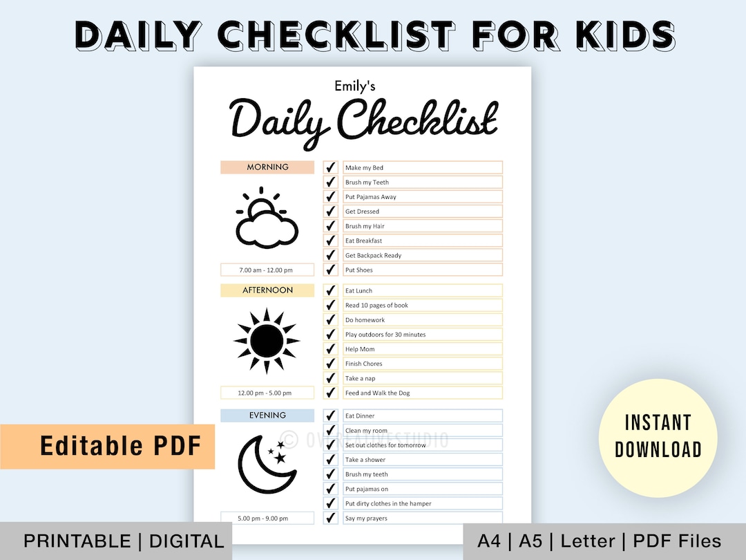 Editable Daily Checklist for Kids | Printable Daily Chore Chart | Kids ...
