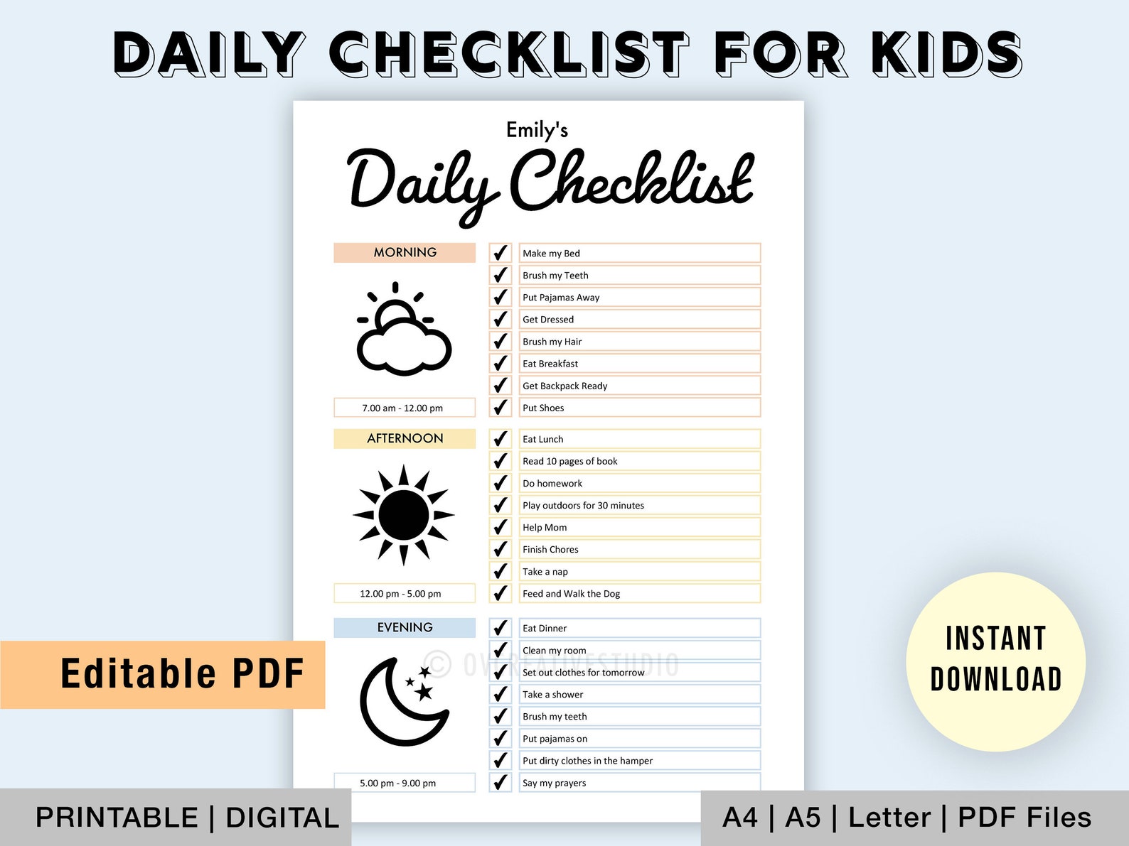 Editable Daily Checklist for Kids Printable Daily Chore | Etsy