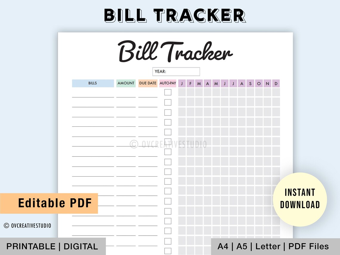 Editable Bill Tracker Yearly Bill Tracker Monthly Bill | Etsy