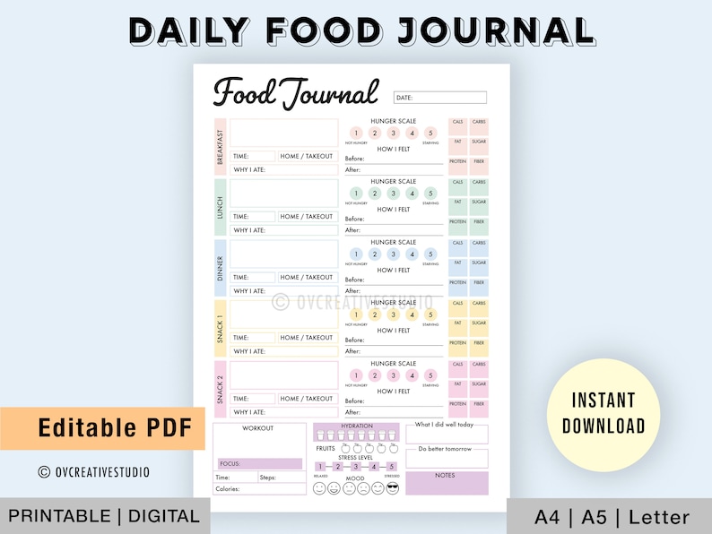 Editable Food Journal Printable Digital Food Diary Daily - Etsy