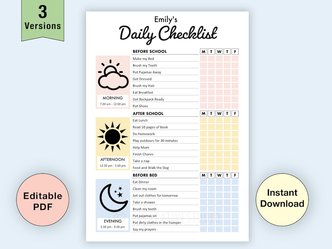 Editable Daily Checklist for Kids Printable Kids Responsibility Chart ...