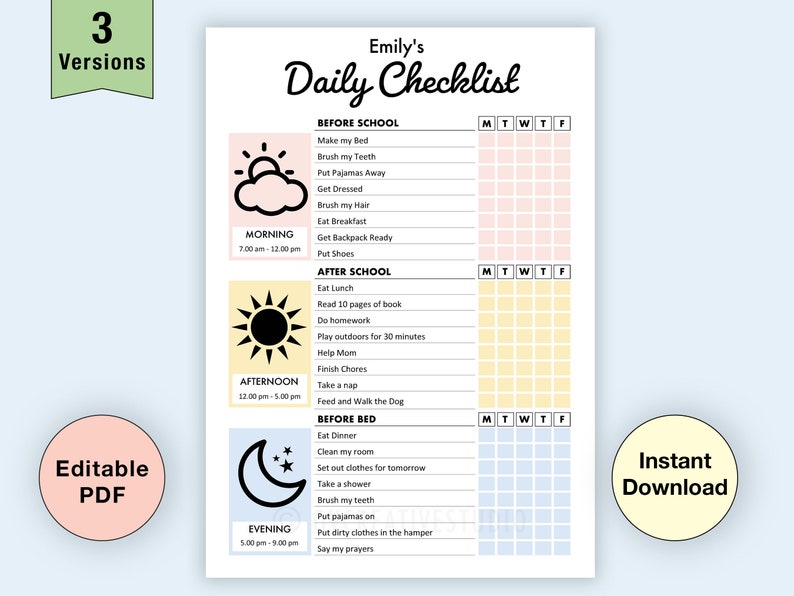 Editable Daily Checklist for Kids Printable Kids - Etsy Australia