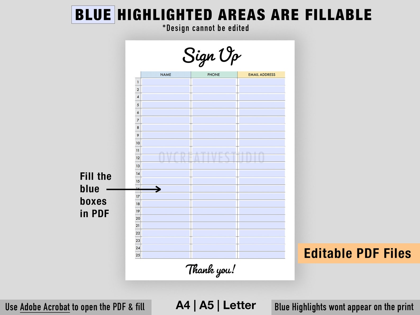 Editable Sign up Sheet Email Sign up Form Contact Details - Etsy