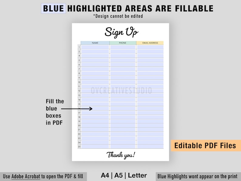 Editable Sign up Sheet Email Sign up Form Contact Details - Etsy