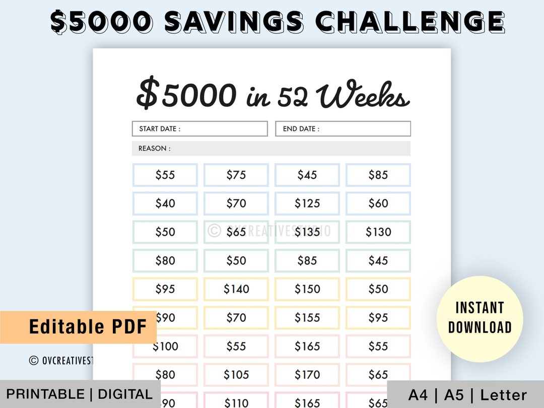 Save 5000 in 52 Weeks Printable Savings Challenge - Etsy