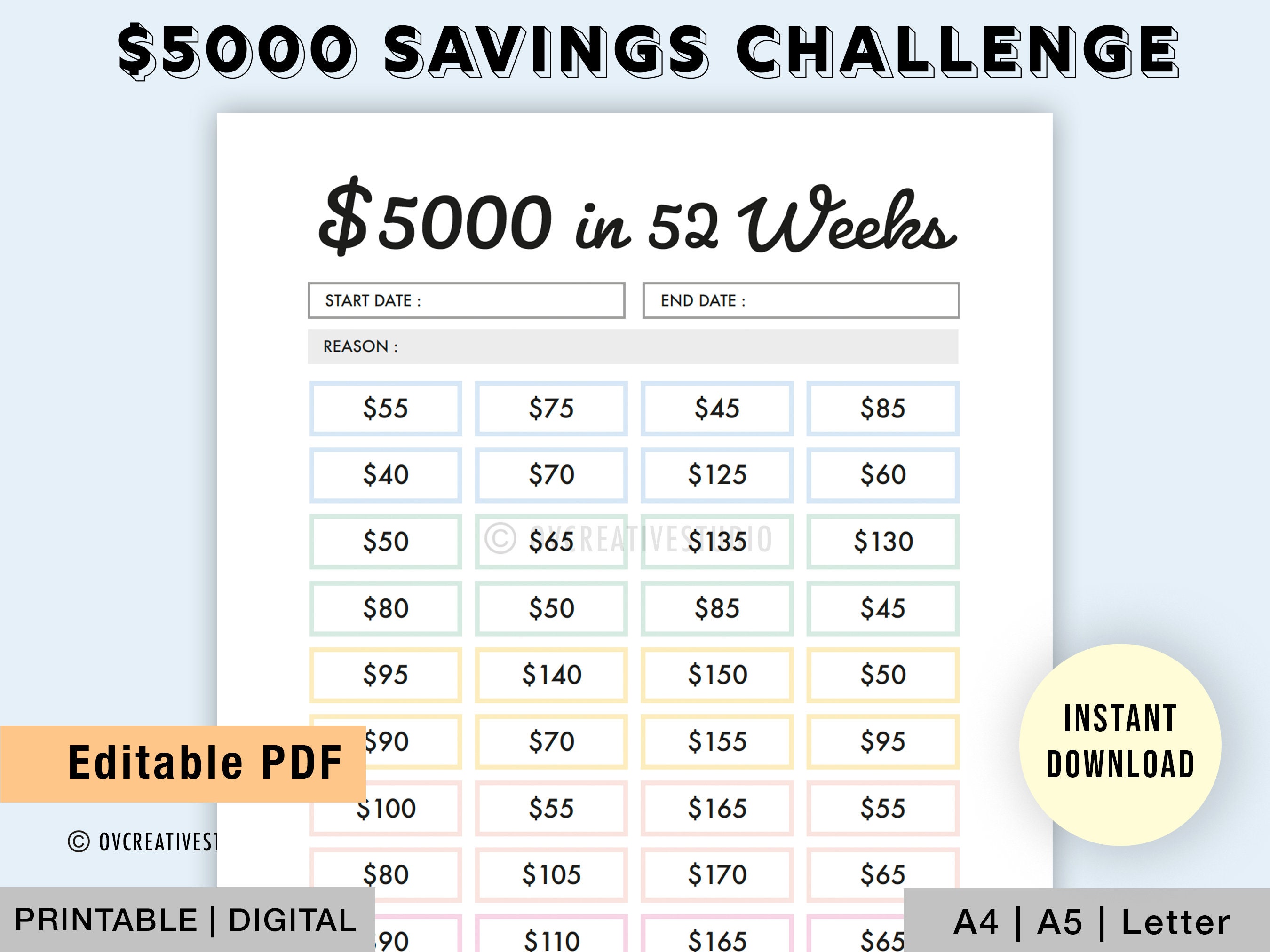 Save 5000 in 52 Weeks Printable Savings Challenge | Etsy