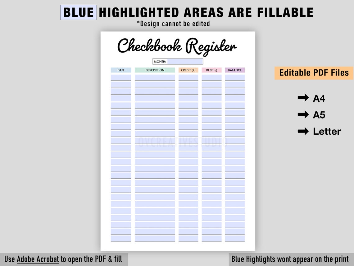 Editable Checkbook Register | Transaction Register | Check Register ...
