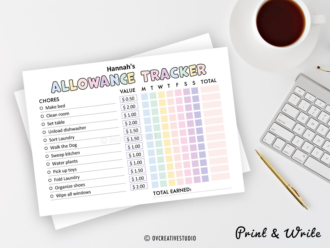 Editable Allowance Tracker Kids | Earn Money Chart | Daily Weekly ...