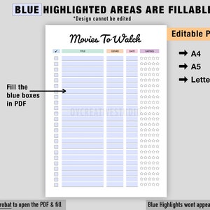 Editable Movies to Watch List | Printable Movies Tracker | Series to ...