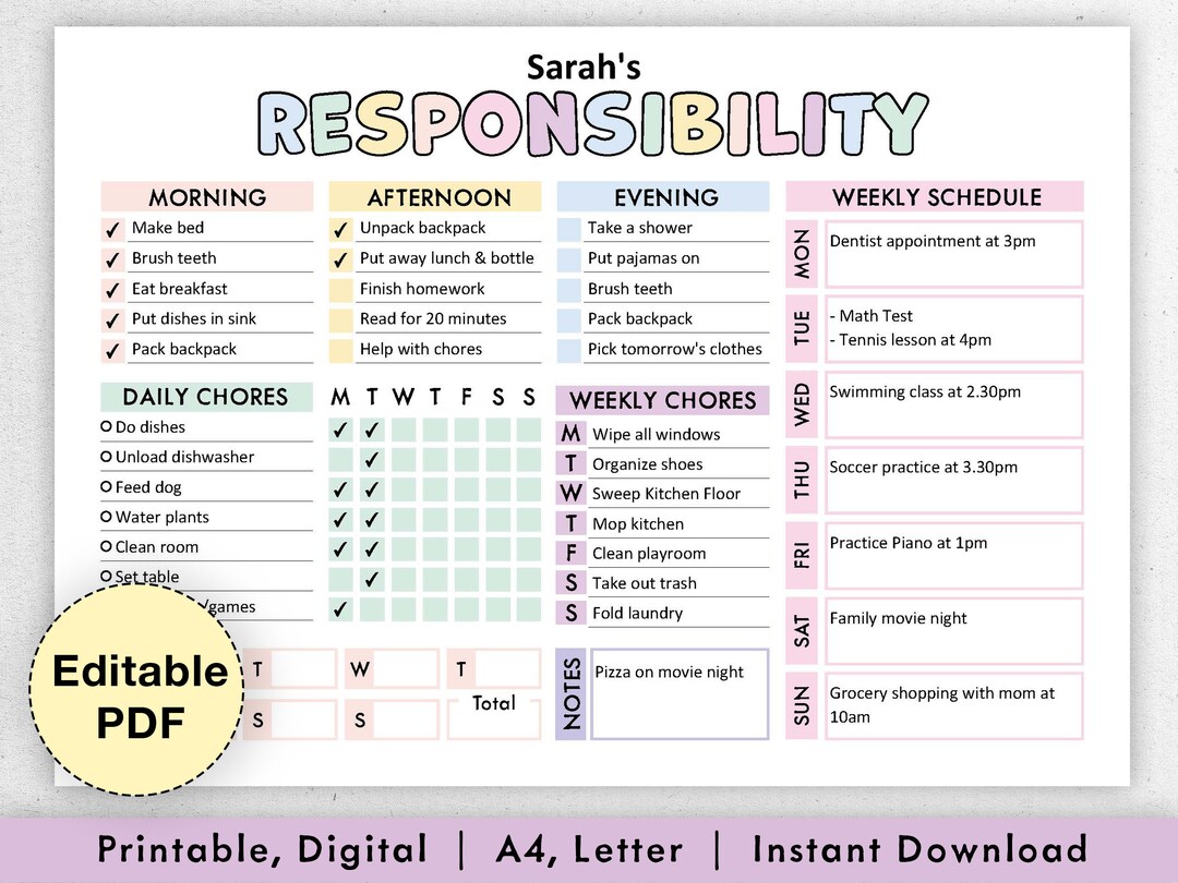 Editable Responsibility Chore Chart for Kids Printable Kids Daily ...