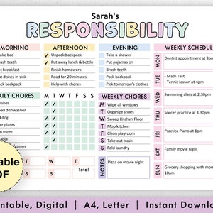 Editable Responsibility Chore Chart for Kids Printable - Etsy UK