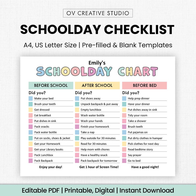 Editable Schoolday Checklist for Kids | Printable | Kids Chore Chart ...