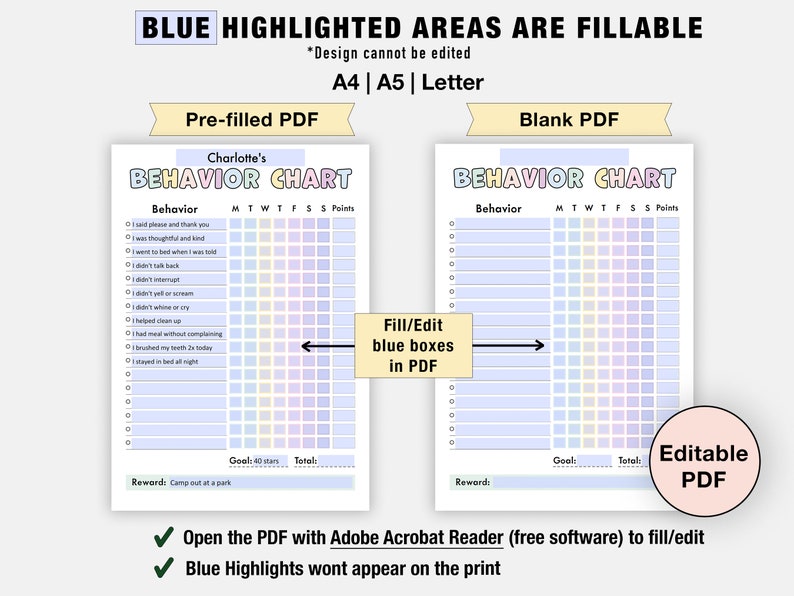 Behavior Reward Chart for Kids Printable Editable Digital - Etsy UK