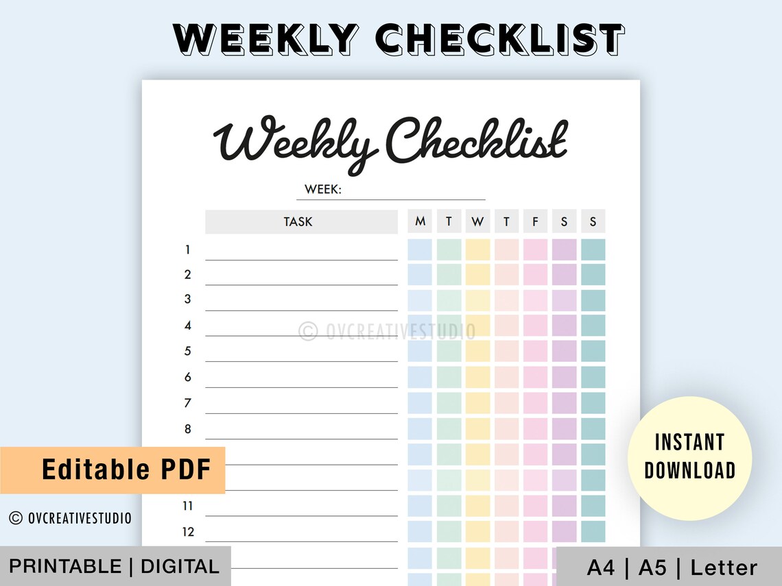 Editable Weekly Checklist Printable Weekly to Do List - Etsy UK