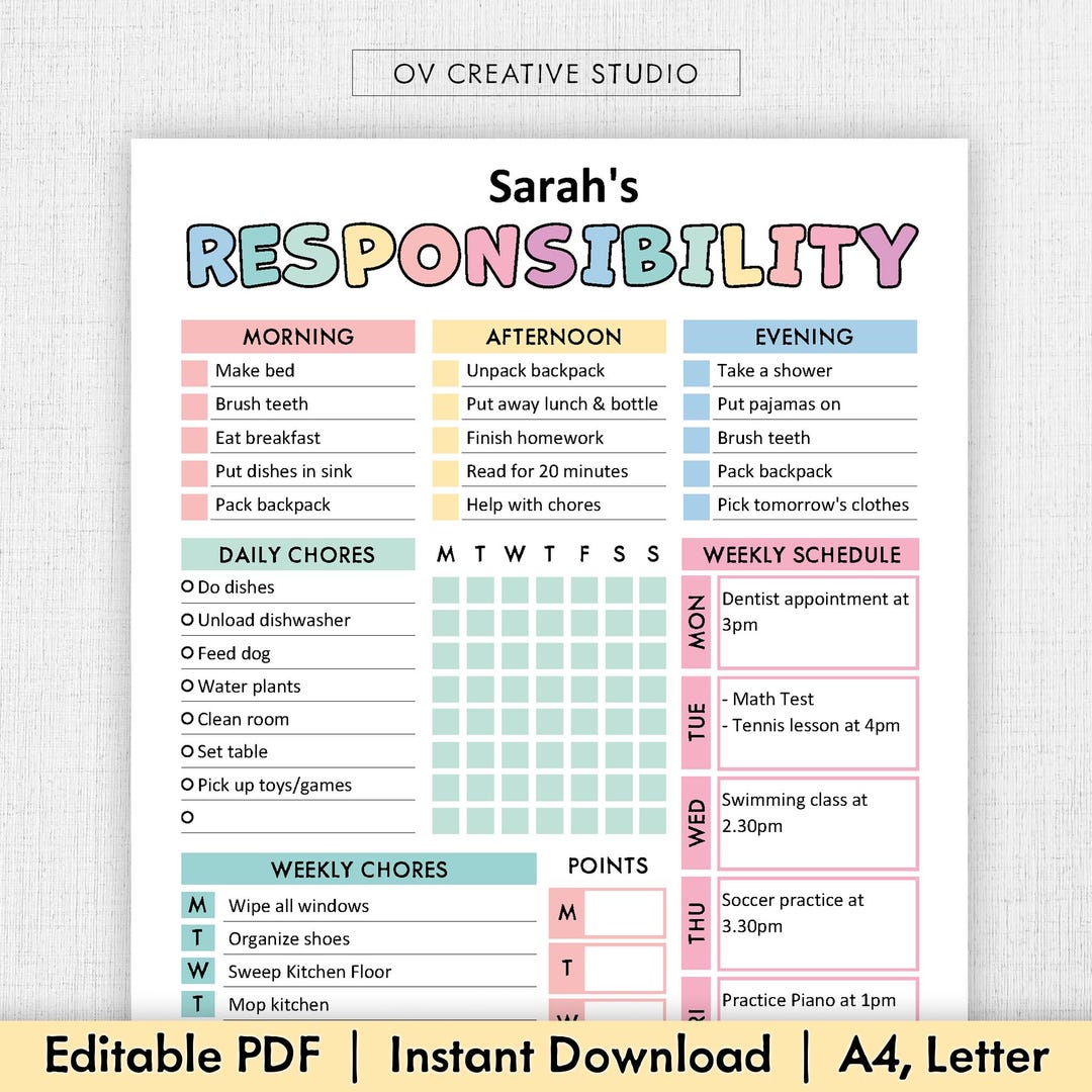 Editable Responsibility Chore Chart for Kids | Printable | Kids Daily ...