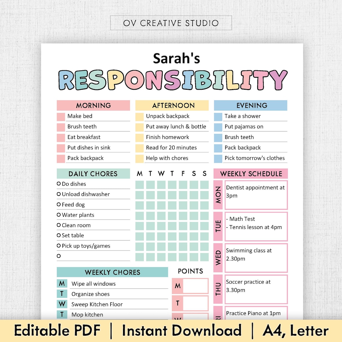 Editable Responsibility Chore Chart for Kids | Printable | Kids Daily ...