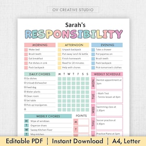 Editable Responsibility Chore Chart for Kids | Printable | Kids Daily ...