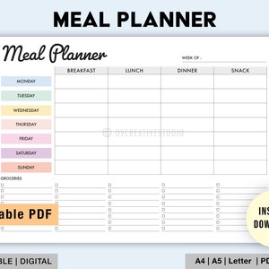 Editable Weekly Meal Planner, Grocery List | Printable, Digital | Meal ...