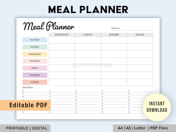 Editable Weekly Meal Planner Grocery List Printable - Etsy