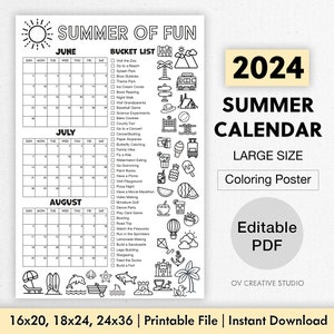 2024 Summer Coloring Calendar, Printable Kids Summer Planner, Summer ...
