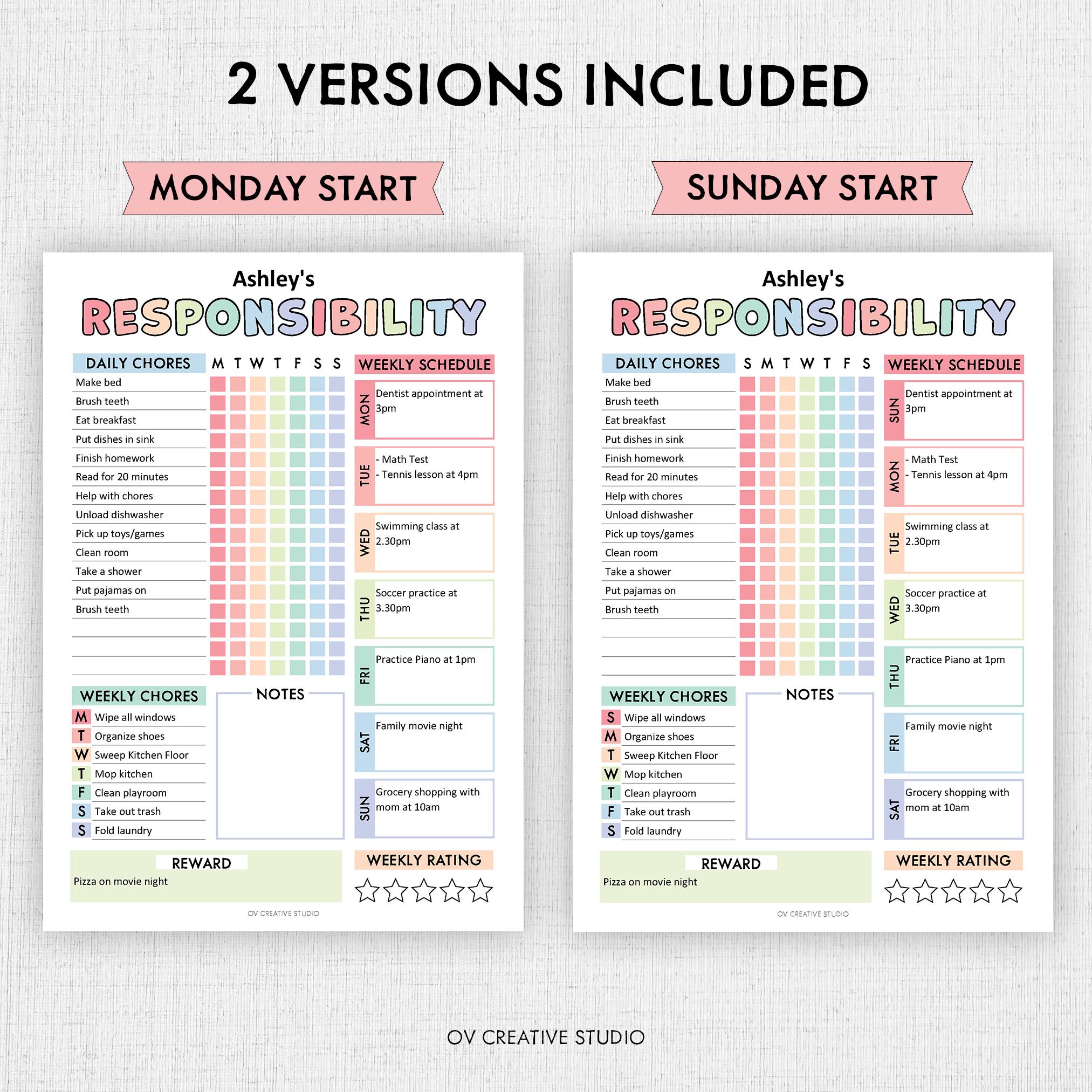 Editable Responsibility Chore Chart for Kids | Printable | Kids Daily ...