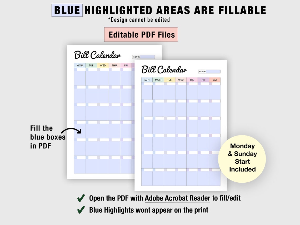 Editable Bill Calendar | Printable Monthly Bill Planner | Monthly Bill ...