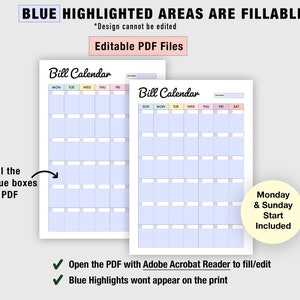 Editable Bill Calendar | Printable Monthly Bill Planner | Monthly Bill ...