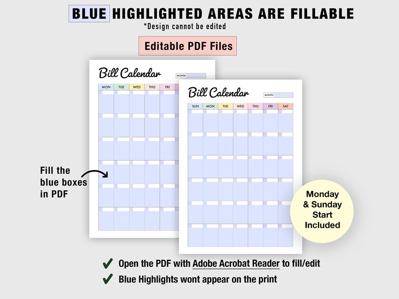 Editable Bill Calendar | Printable Monthly Bill Planner | Monthly Bill ...