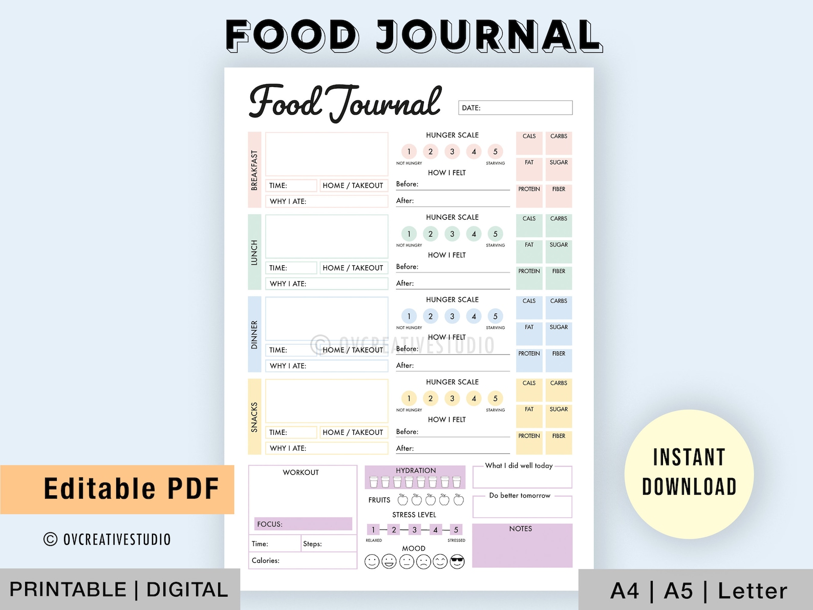 Editable Food Journal | Printable, Digital | Food Diary, Daily Food ...
