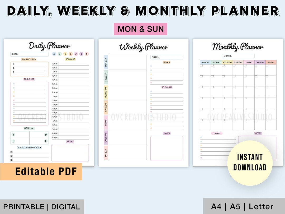 Editable Daily, Weekly, Monthly Planner | Printable Planner Bundle | to ...