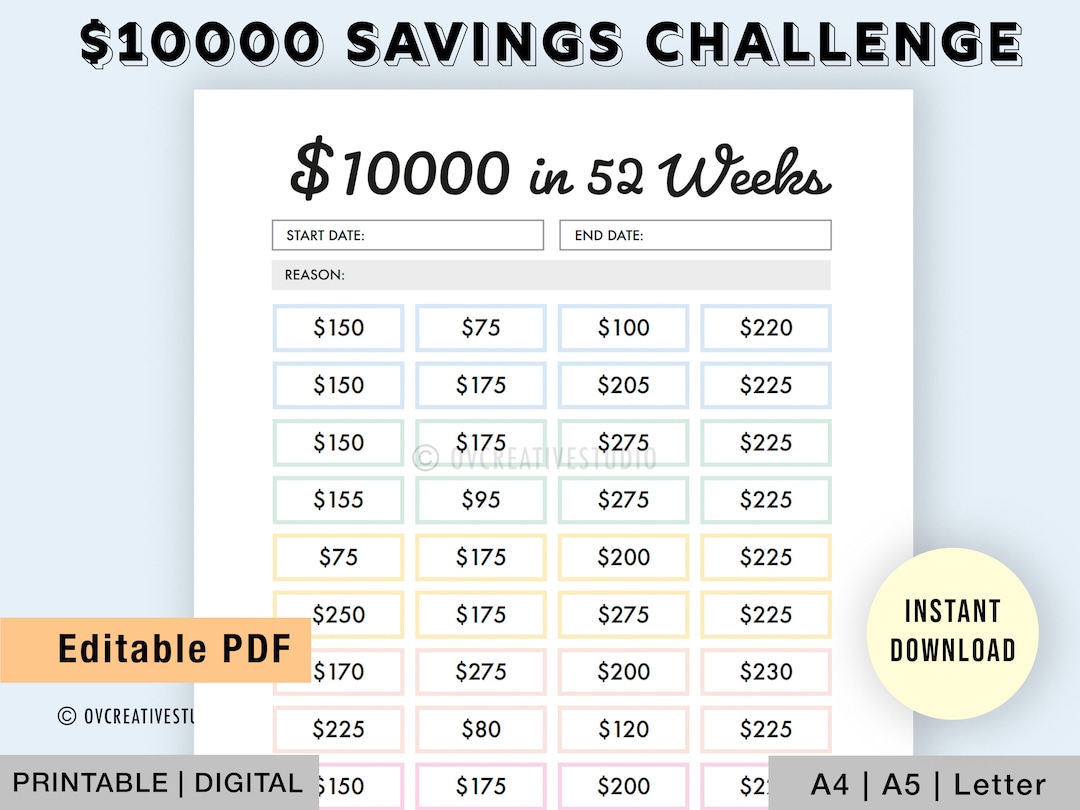 10000 in 52 Week Savings Challenge | Printable | Savings Tracker | 10K ...