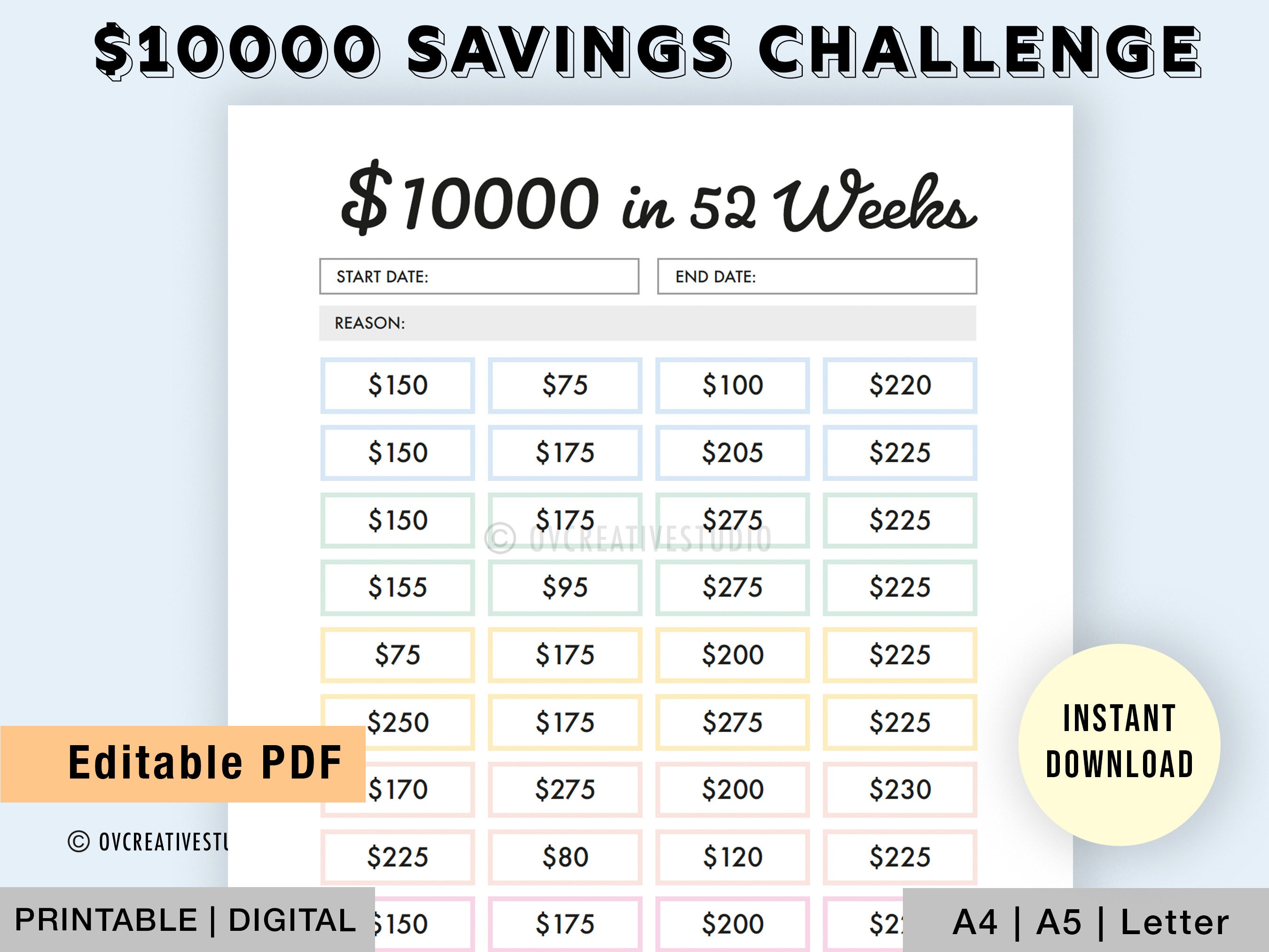 10000 in 52 Week Savings Challenge Printable Savings - Etsy