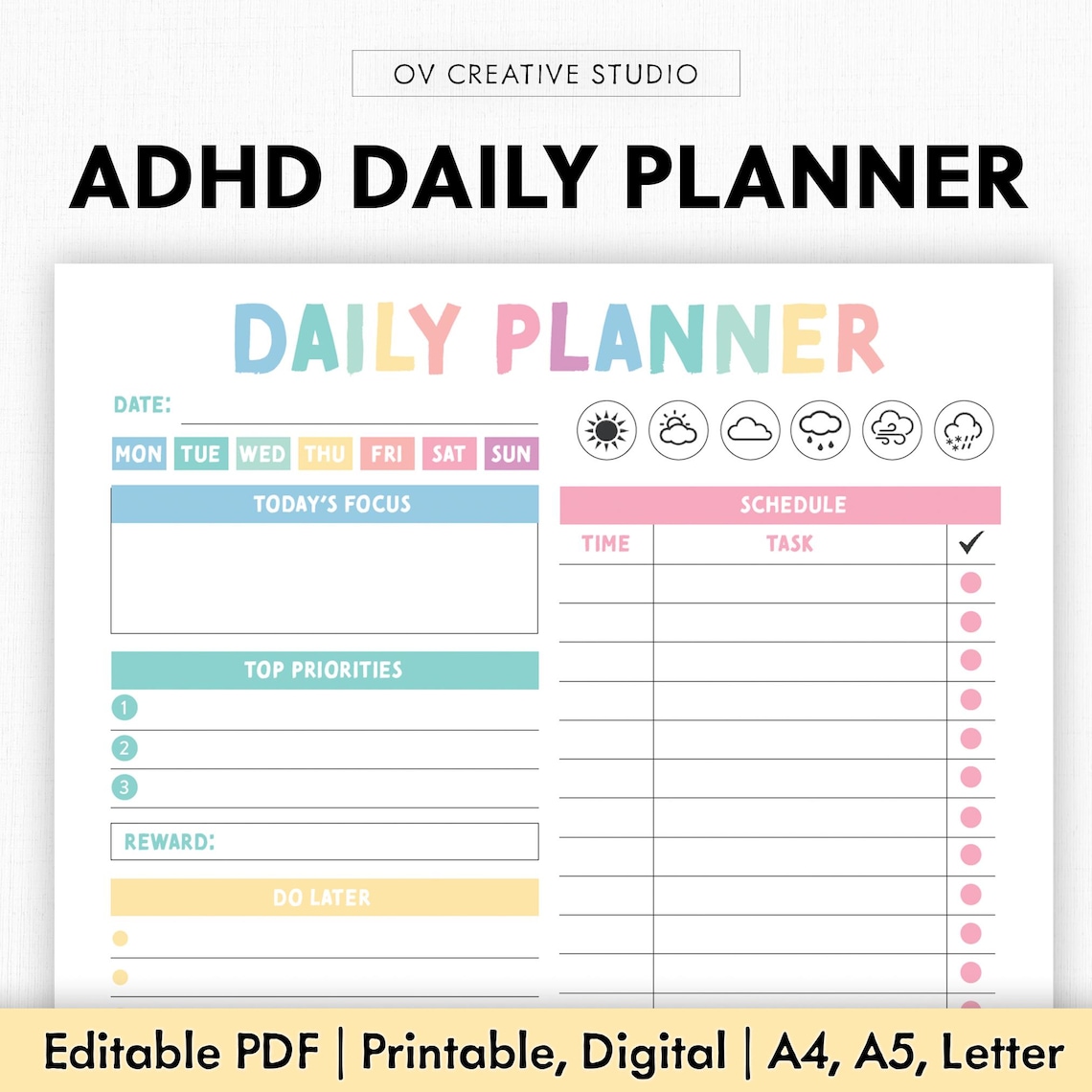 Editable ADHD Daily Planner | Printable, Digital | Daily Focus Template ...