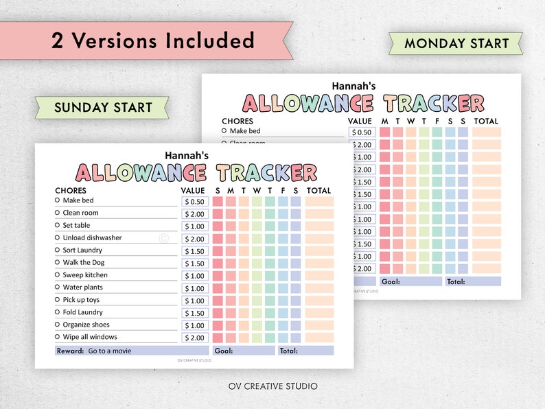EDITABLE Allowance Tracker Kids | Earn Money Chart | Daily Weekly ...