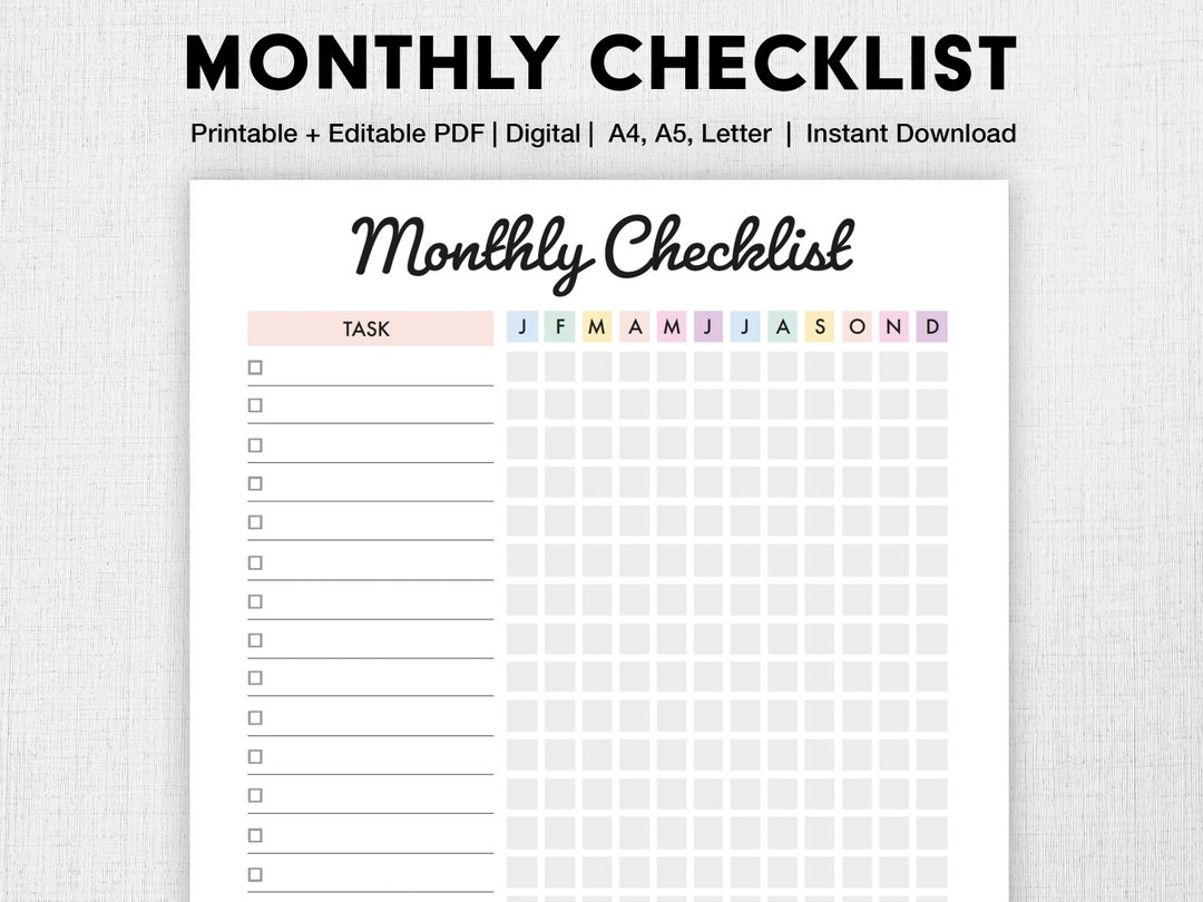 Monthly Checklist | Printable, Digital | Task Planner | Yearly Planner ...