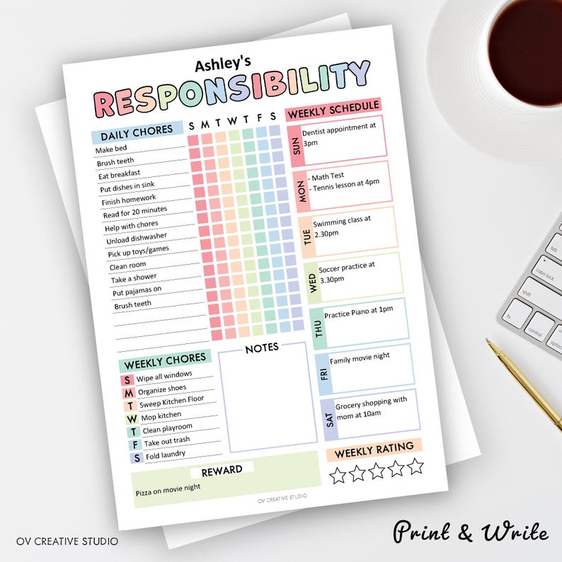 Editable Responsibility Chore Chart for Kids | Printable | Kids Daily ...