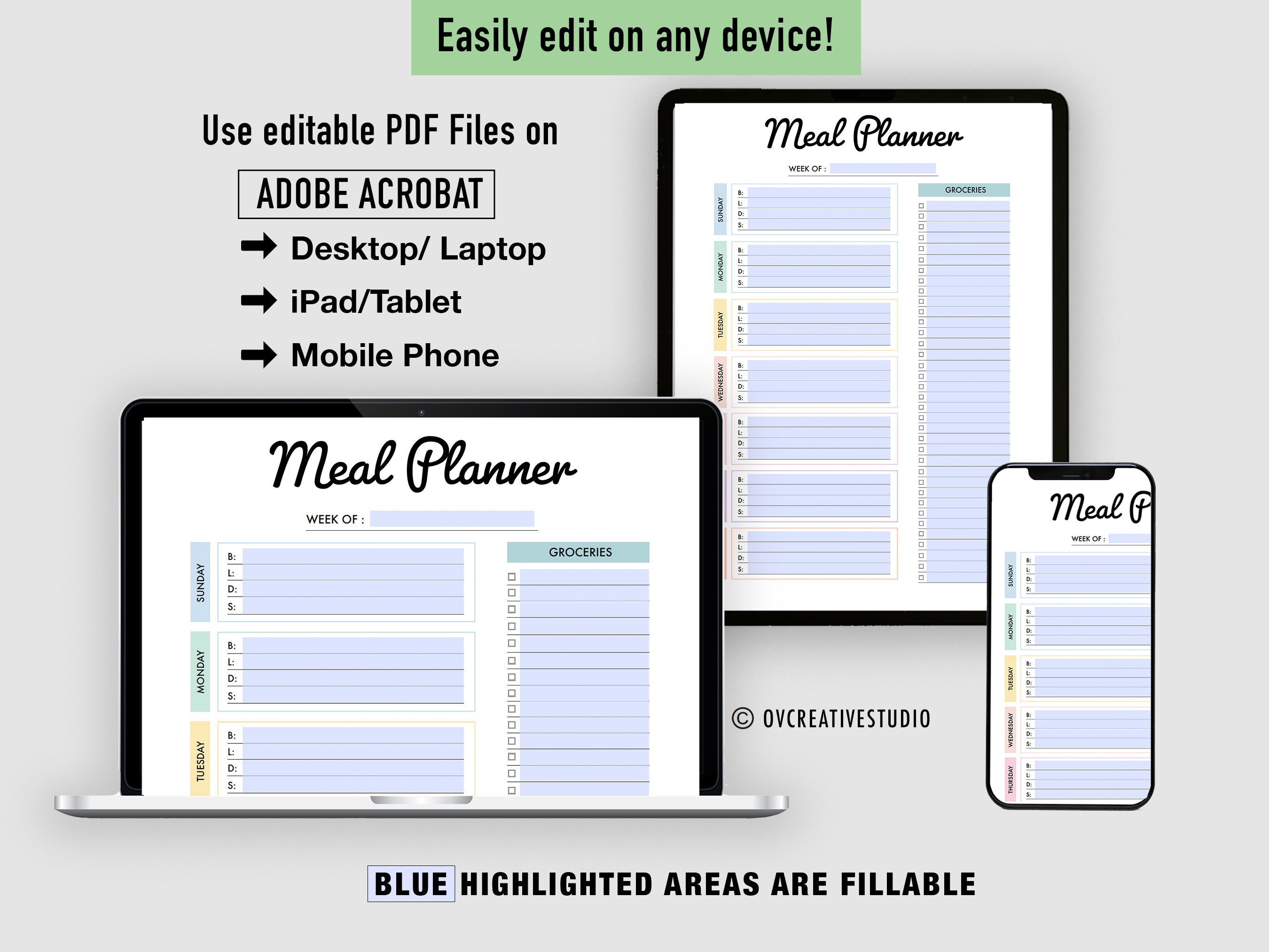 Editable Meal Planner and Grocery List | Printable, Digital | Meal Prep ...