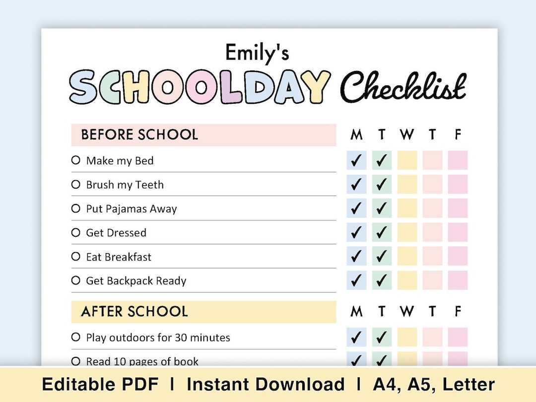 Editable Schoolday Checklist for Kids Printable Kids Chore - Etsy