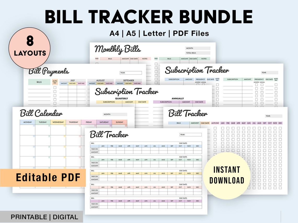 Editable Bill Payment Tracker Bundle | Monthly Bill Tracker Printable ...