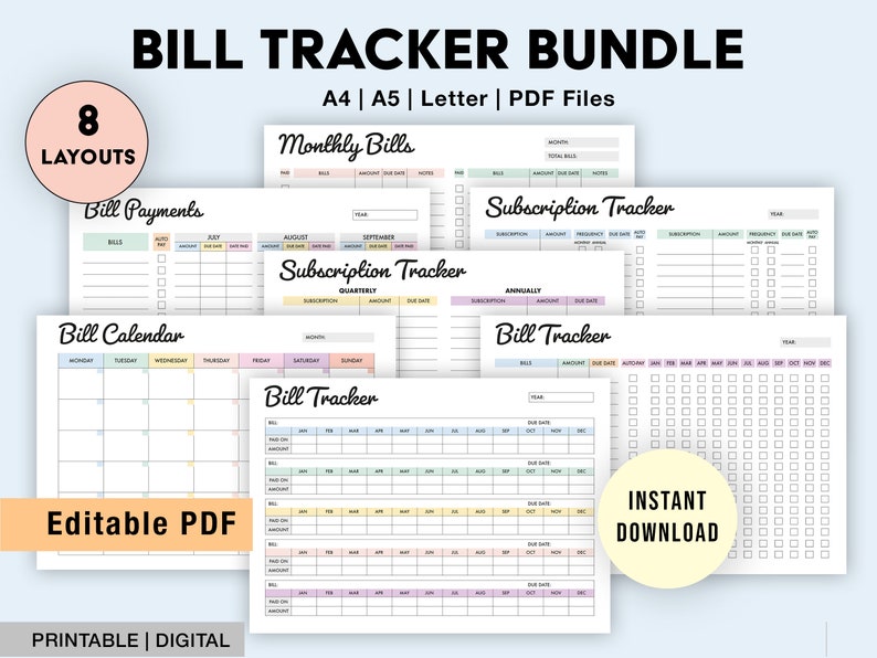 Editable Bill Payment Tracker Bundle | Monthly Bill Tracker Printable ...