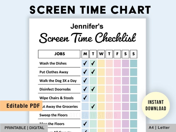 Editable Screen Time Chart Kids Printable Digital Screen - Etsy UK