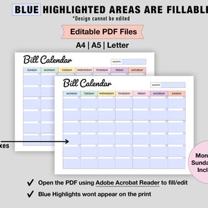 Editable Bill Calendar | Printable Monthly Bill Planner | Monthly Bill ...