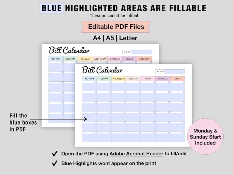 Editable Bill Calendar | Printable Monthly Bill Planner | Monthly Bill ...