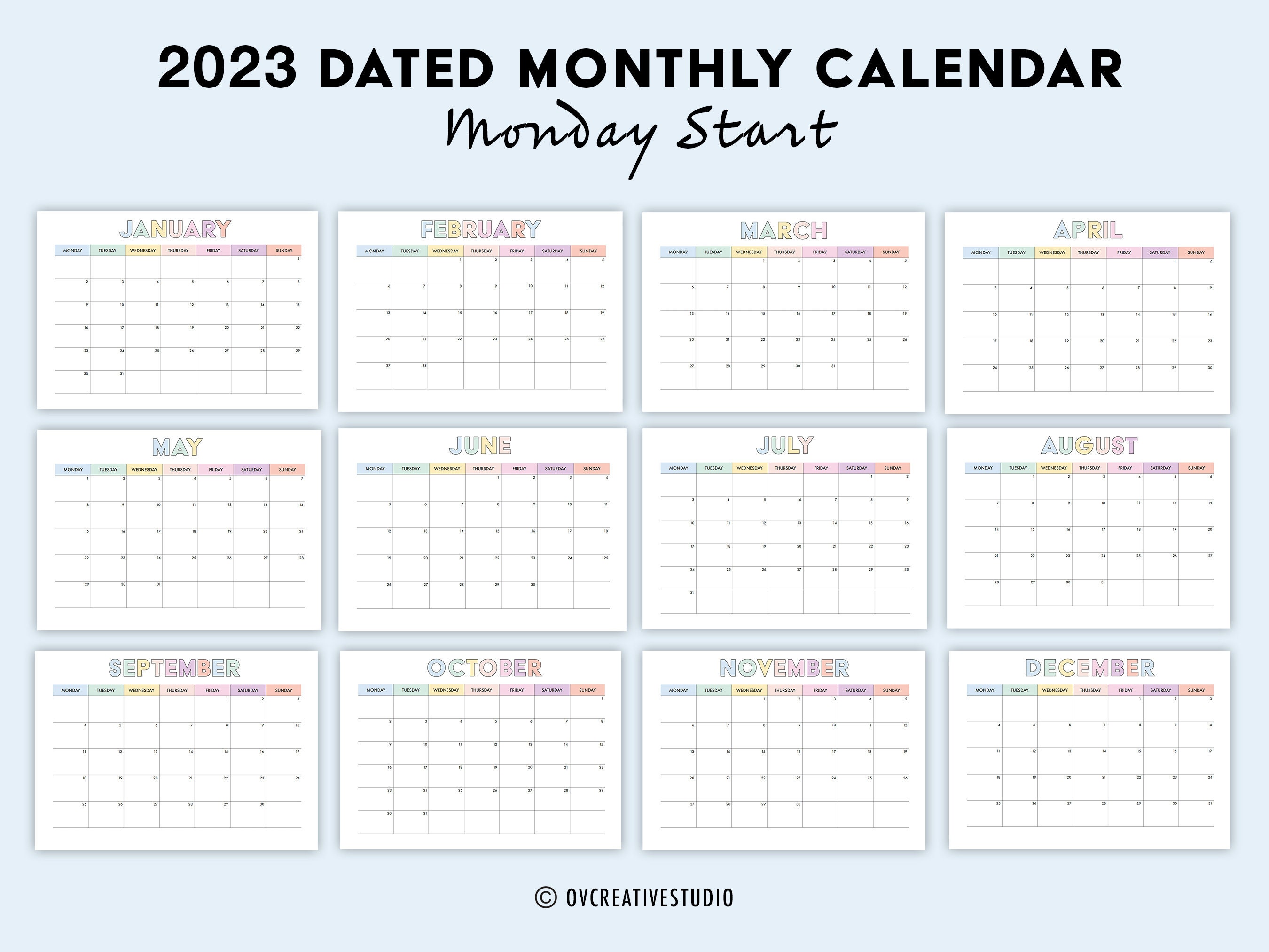 2023 Monthly Calendar Printable Digital PDF Dated Monthly - Etsy Australia