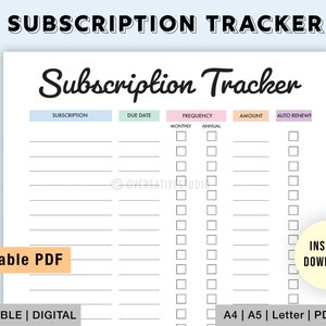 Editable Subscription Tracker | Printable Subscription Log | Expense ...