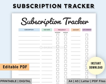 Subscription Tracker | Printable Expense Tracker | Subscription Log ...