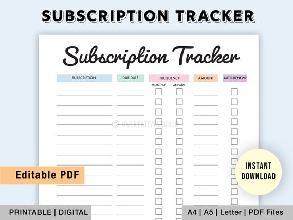 Editable Subscription Tracker Printable Subscription Log | Etsy