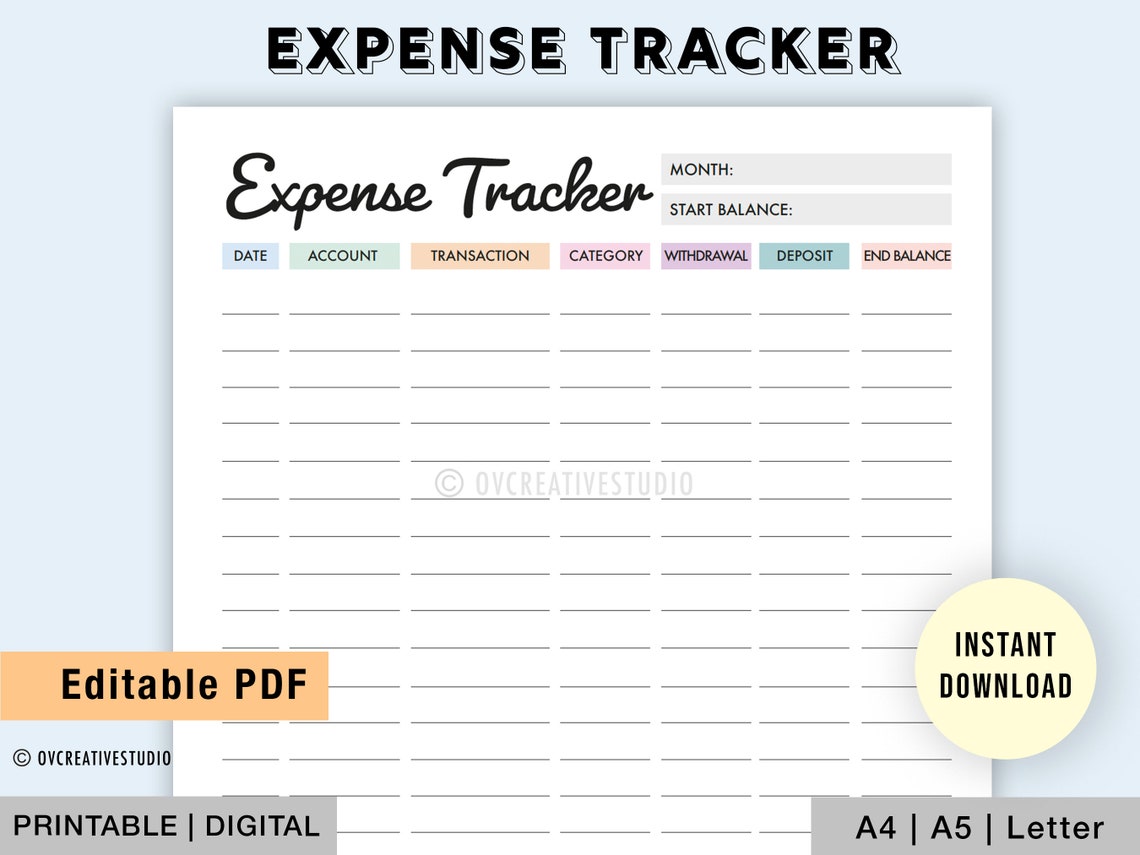 Editable Expense Tracker Printable Expense Log Digital | Etsy