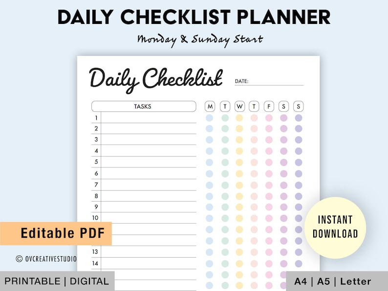 Editable Daily Checklist Printable Weekly to Do List - Etsy
